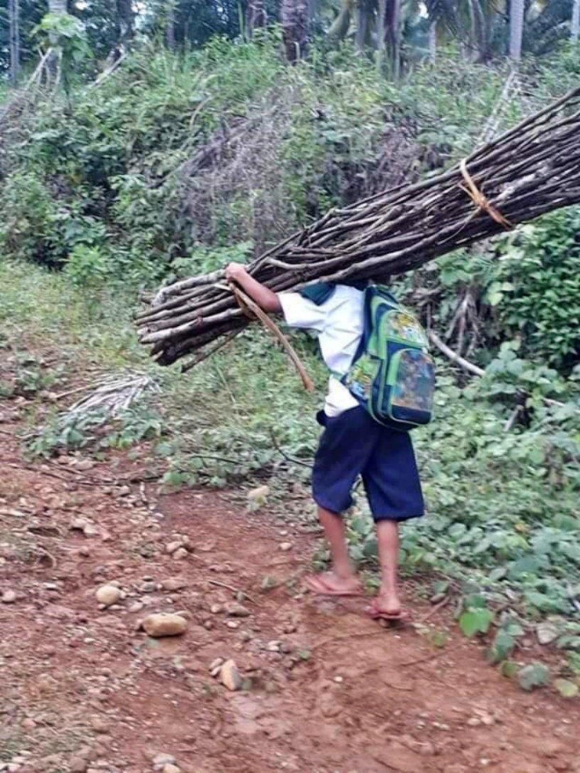 Budak lelaki berpakaian uniform sekolah pikul kayu api balik ke rumah ...